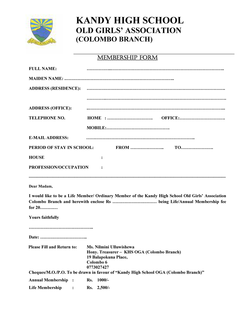 Membership Form | Kandy High School Old Girls' Association
